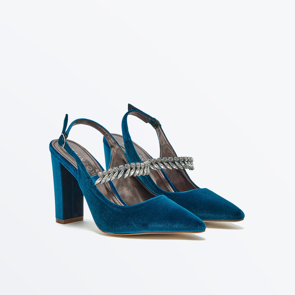 Freya | Teal Velvet Block Heel Slingback Shoes | Rainbow Club