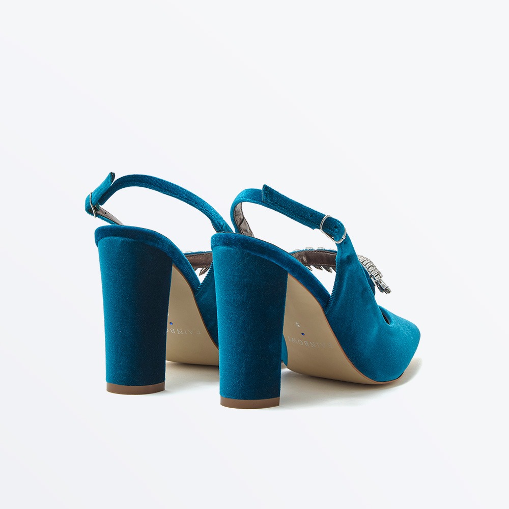 Freya | Teal Velvet Block Heel Slingback Shoes | Rainbow Club