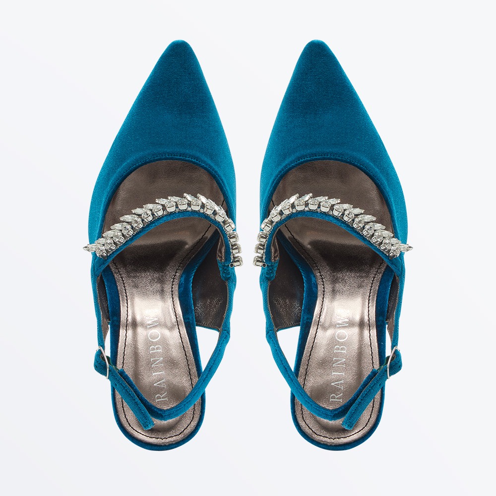 Freya | Teal Velvet Block Heel Slingback Shoes | Rainbow Club